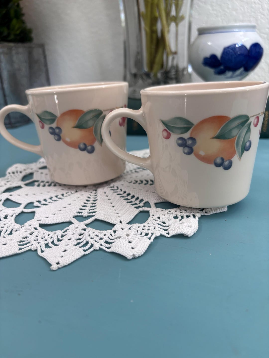 Vintage Fruit Ceramic Mugs – Set of 2, Peaches & Blueberries, Country ...