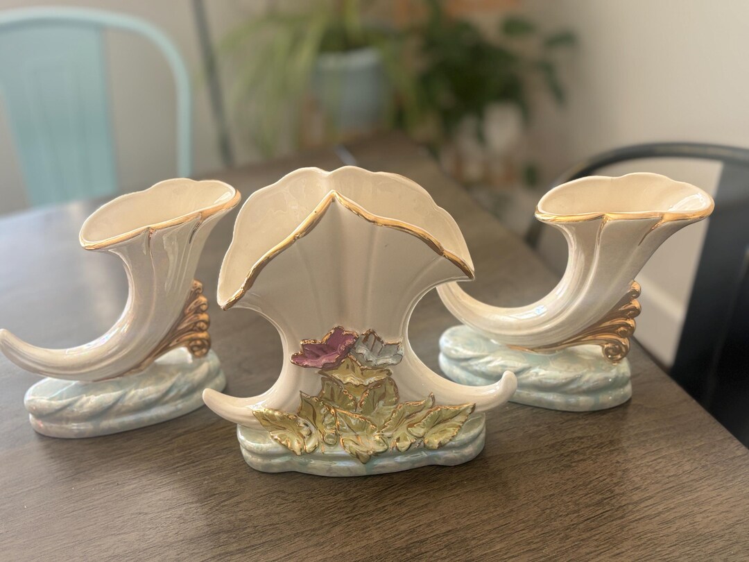 Vintage Triple Cornucopia Vase – Ceramic Centerpiece With Floral Design ...