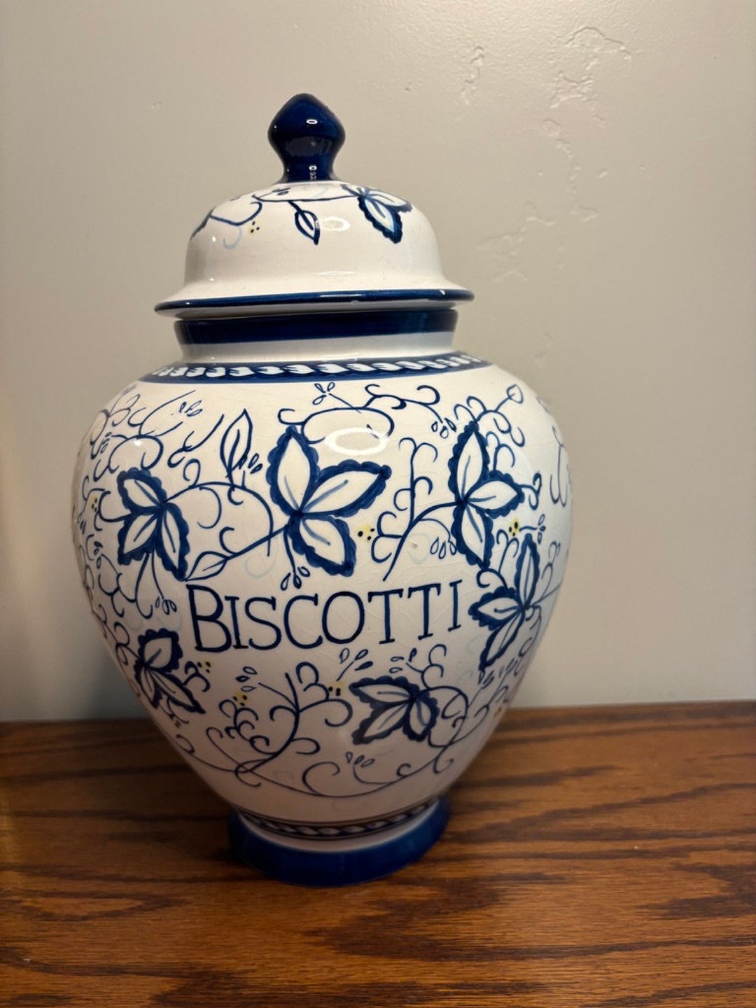 Vintage Biscotti Jar Blue Swirls Leaf Design - Etsy