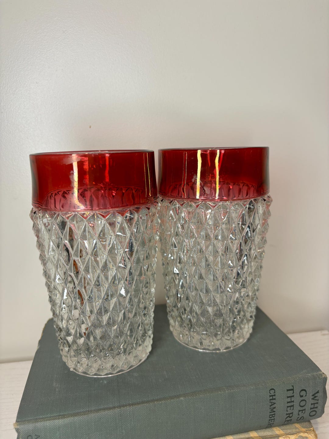 Vintage Red & Gold Rim Glass Tumblers – Diamond-cut Pressed Glass, Set ...