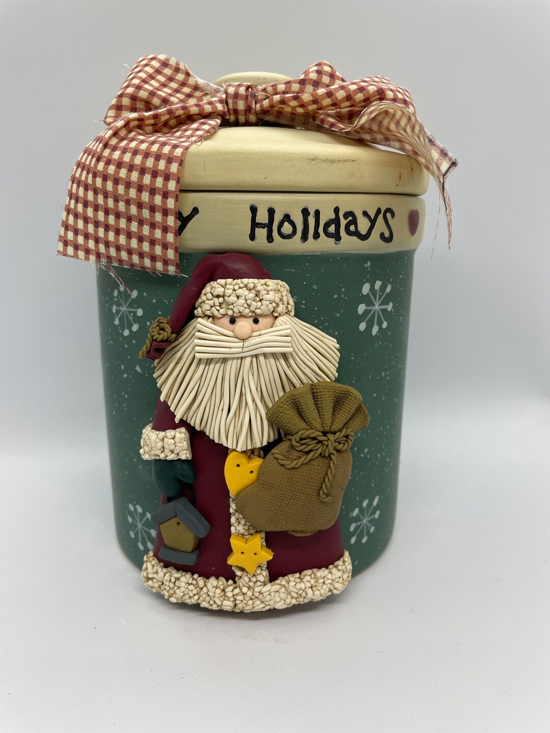 Vintage Ceramic Santa Container – Holiday Cookie Jar, Red Check Cloth ...