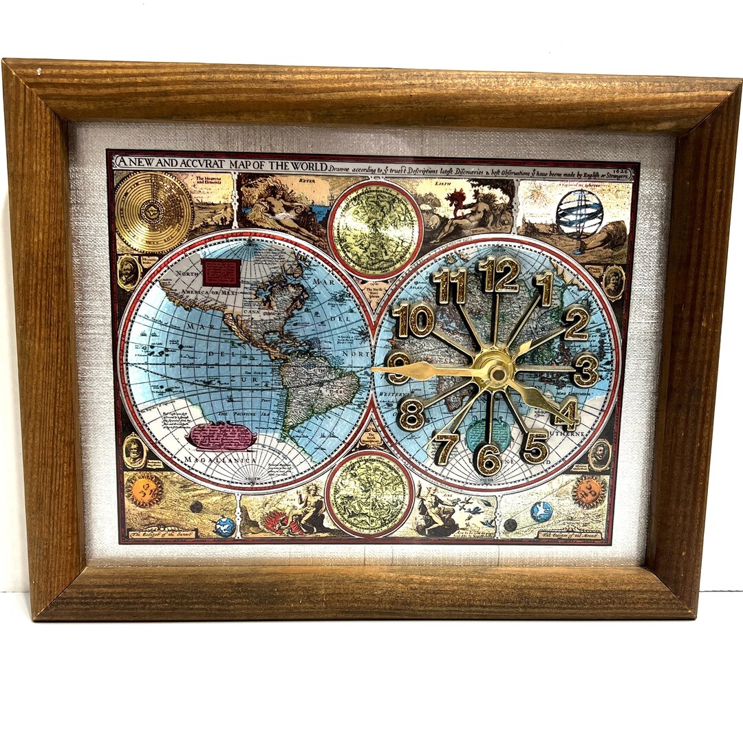 CLEARANCE Vintage Metallic Gold World Map Clock, Double Hemisphere ...
