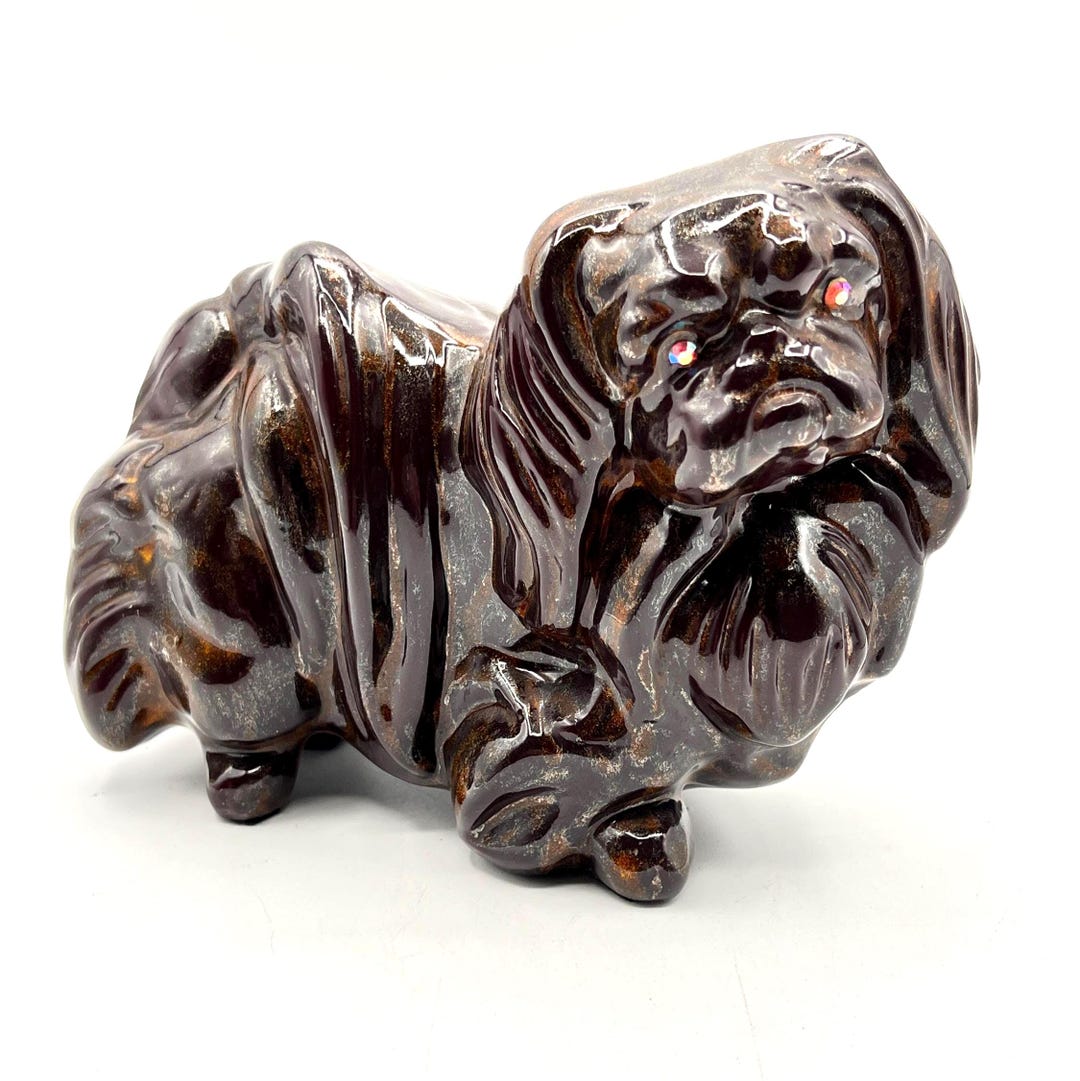 Vintage Pekingese Dog Statue With Sparkling Rhinestone Eyes Brown ...