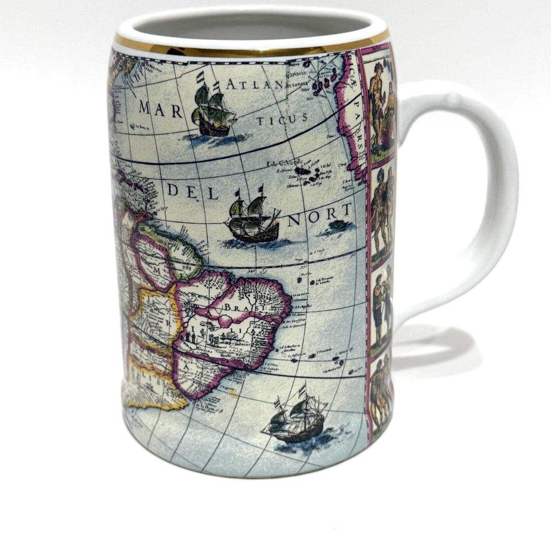 Vintage World Map Beer Stein Nautical Ceramic Tankard W Germany Gold ...