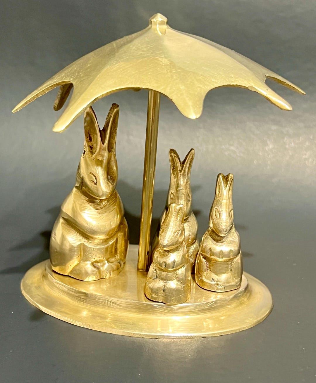 Large Brass Rabbit Family Statue Under Umbrella - Vintage Holiday Home ...