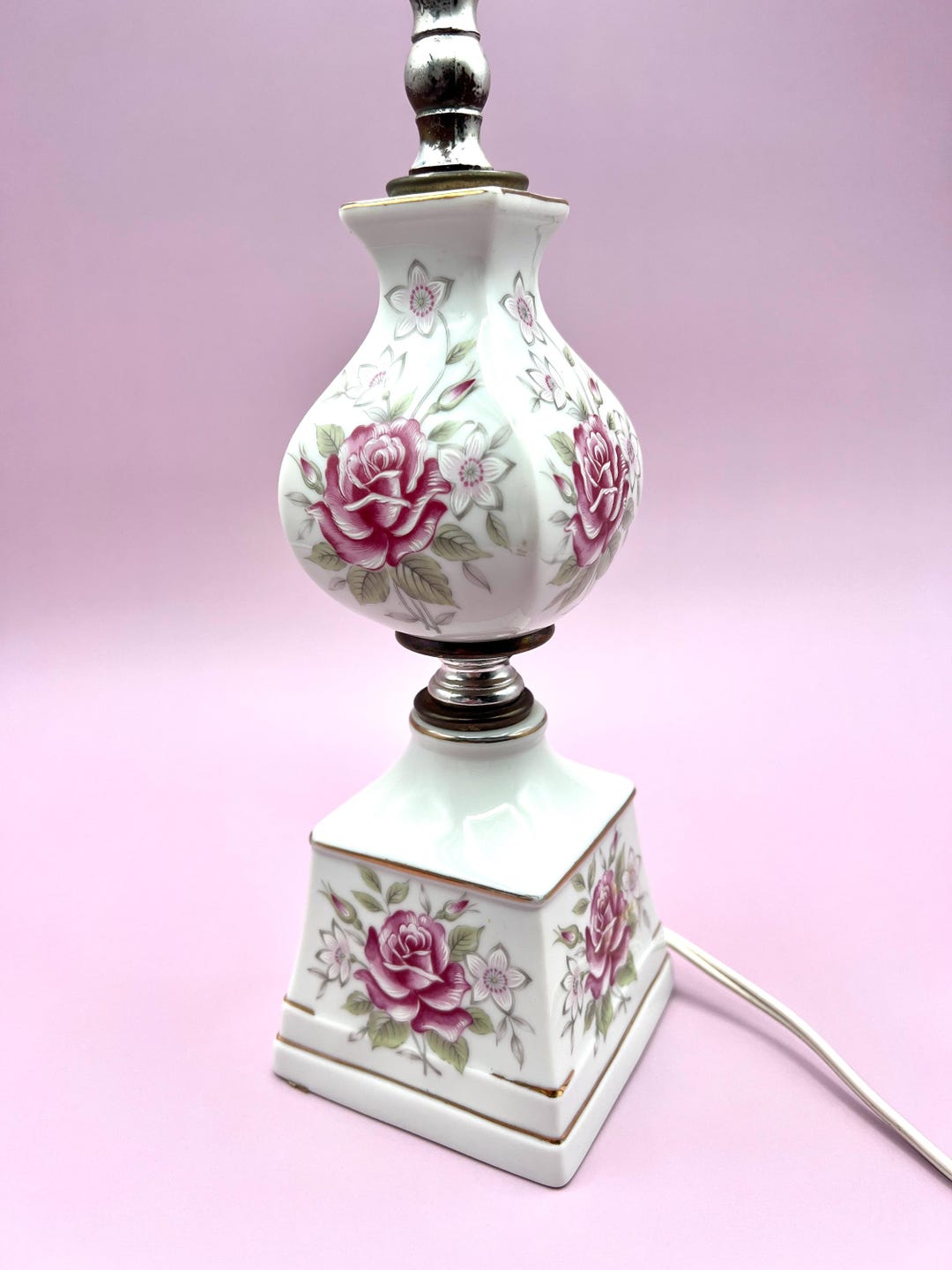 Vintage Victorian Porcelain Table Lamp With Rose Design and Golden ...