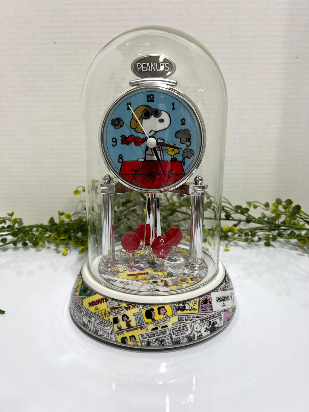 Vintage Peanuts Flying Ace Snoopy Glass Dome Clock - Retro Comic Strip ...