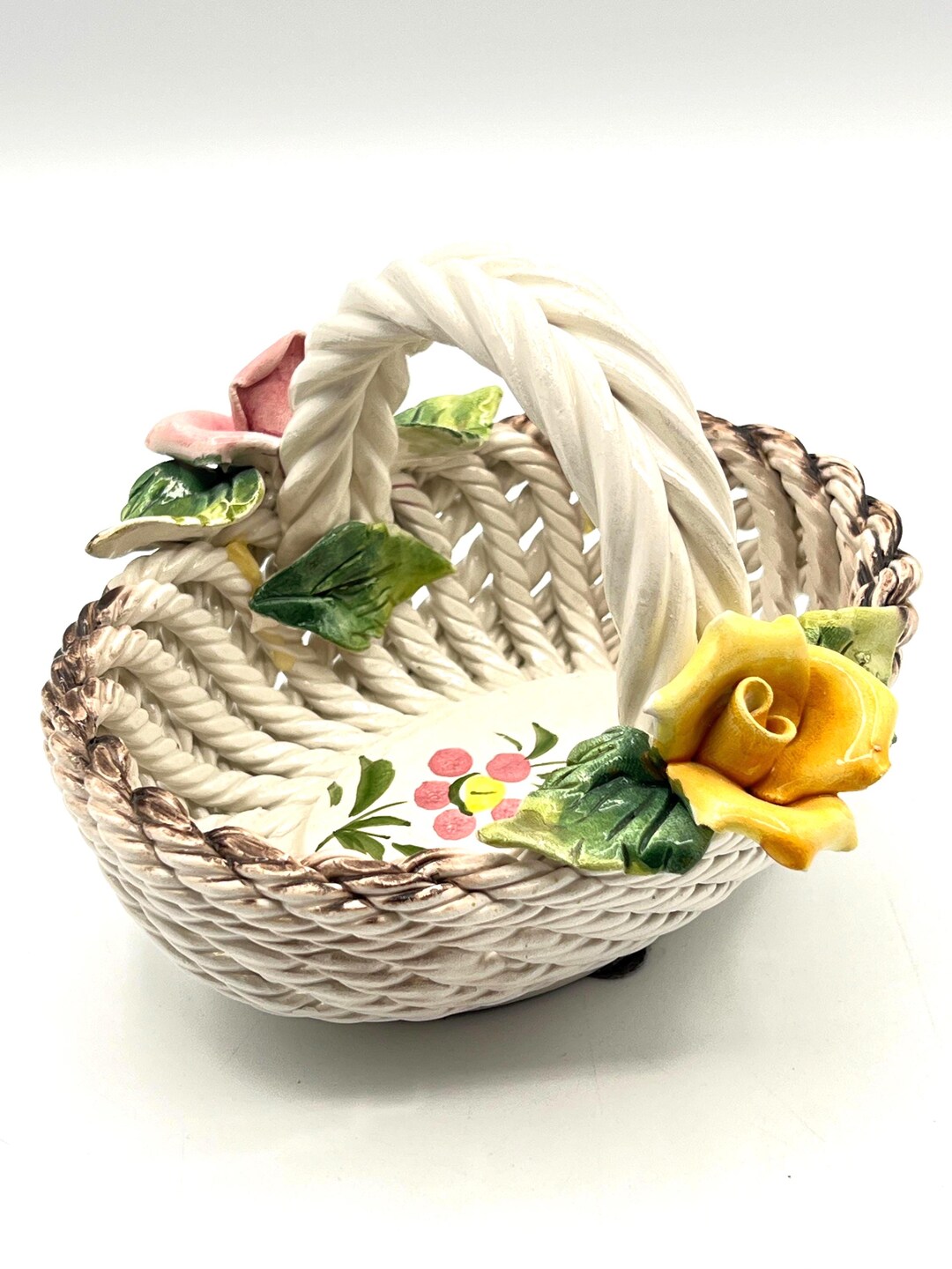 Authentic Capodimonte Oval Ceramic Basket With Woven Design and Rose ...