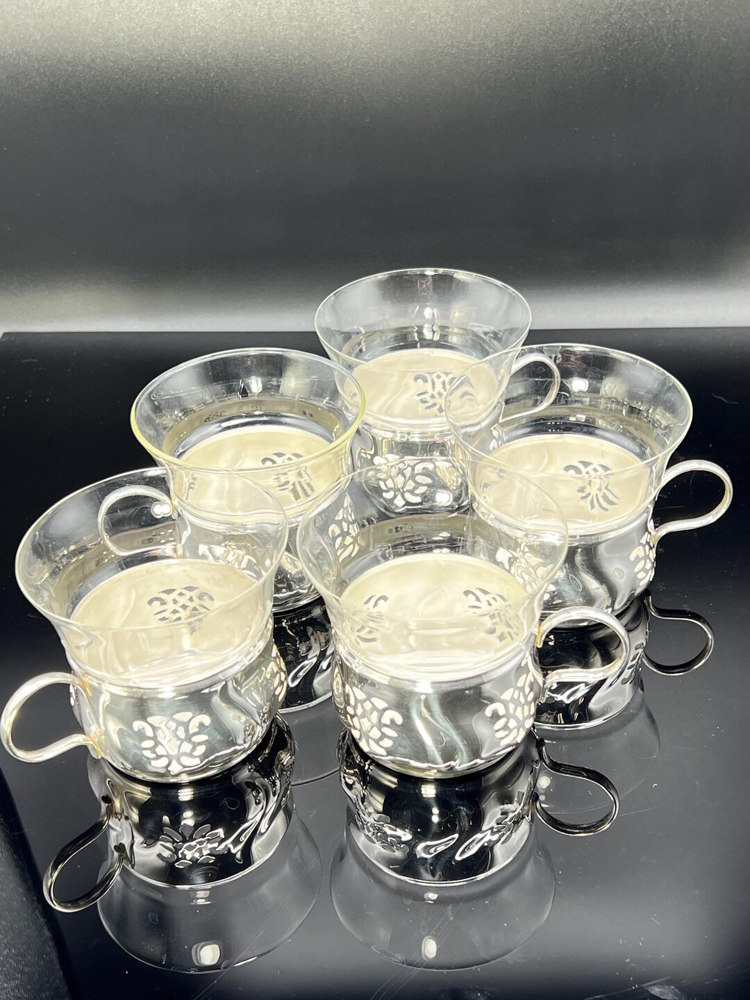 Vintage German Glass Tea Cup Set With 5 Silver Plated Holders by Schott ...