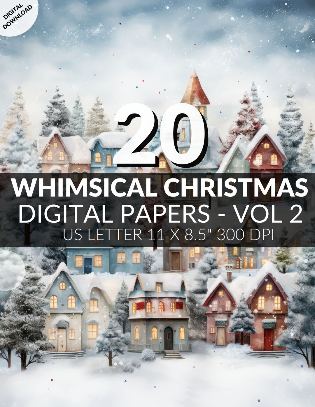 20 Printable Watercolor Christmas Houses Landscapes Scenes, Digital ...