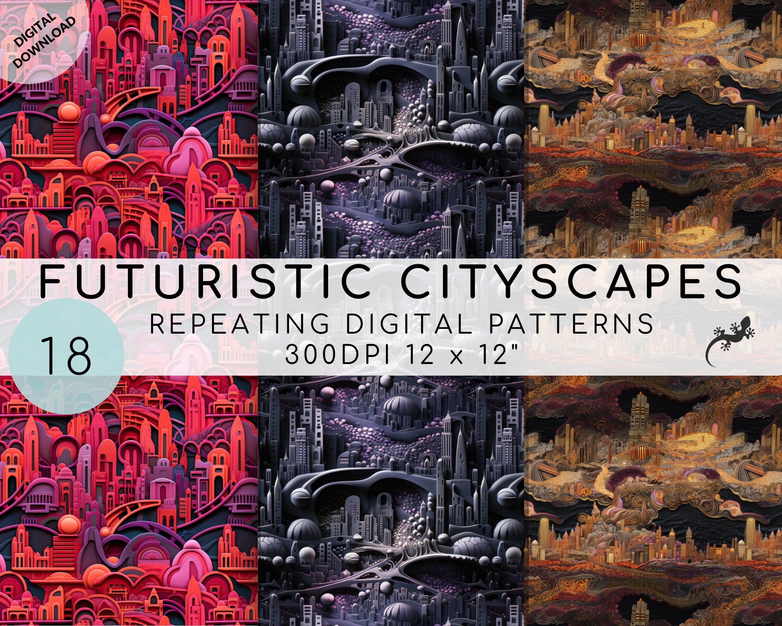 18 Futuristic Cities Seamless Pattern Bundle, Sci-fi Digital Paper ...