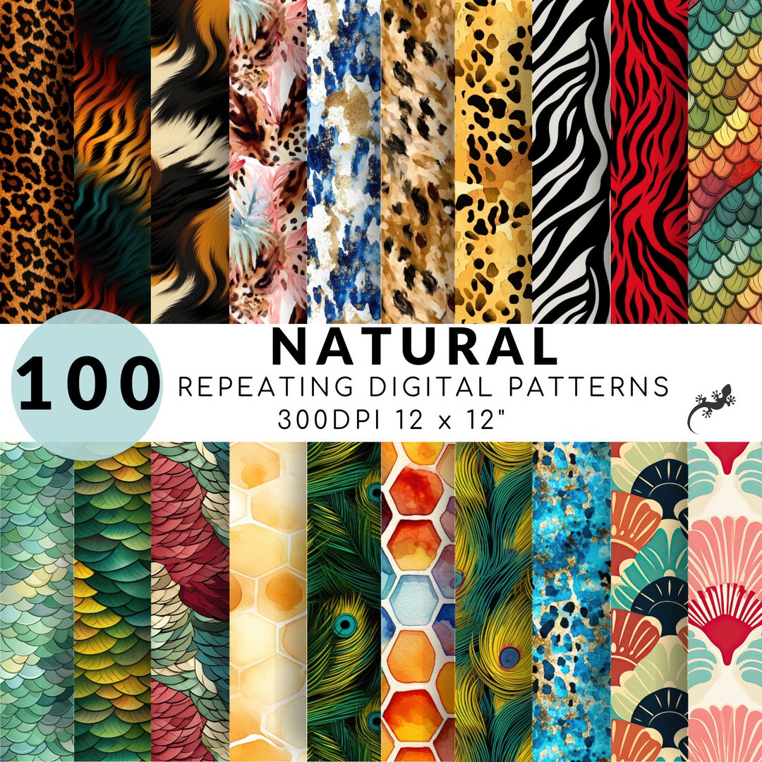 100 Animal Print Nature Digital Paper Bundle, Leopard Tiger Zebra Fish ...