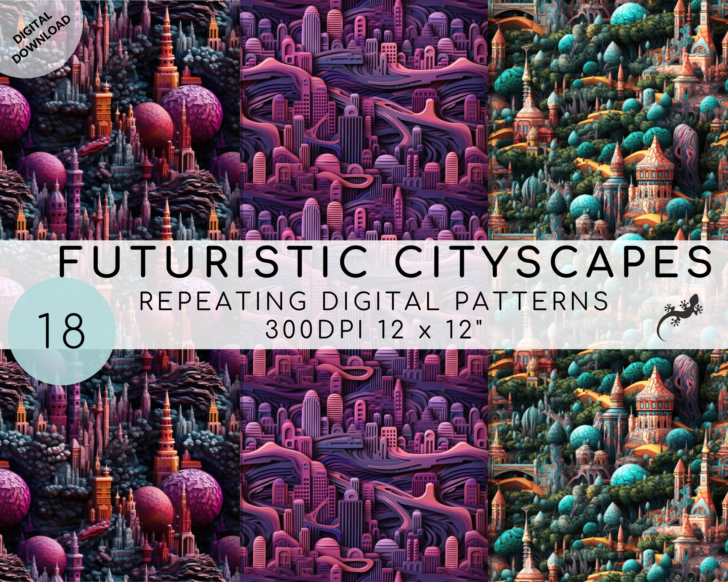 18 Futuristic Cities Seamless Pattern Bundle, Sci-fi Digital Paper ...