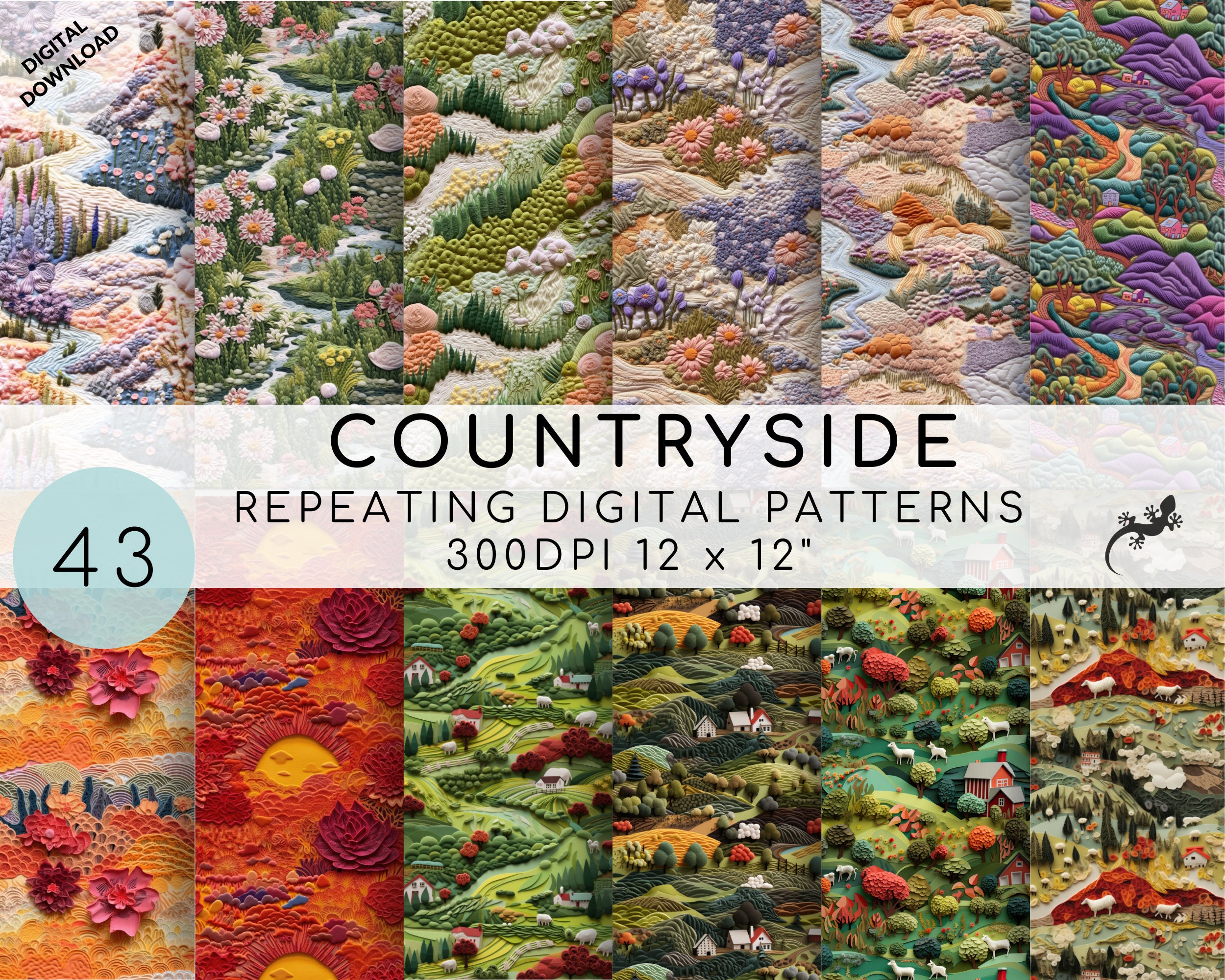 43 Countryside Landscape Seamless Pattern Bundle, Farm Digital Paper ...