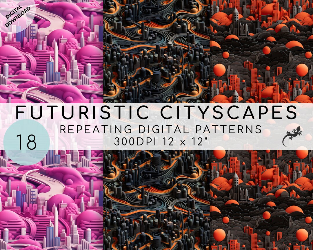 18 Futuristic Cities Seamless Pattern Bundle, Sci-fi Digital Paper ...