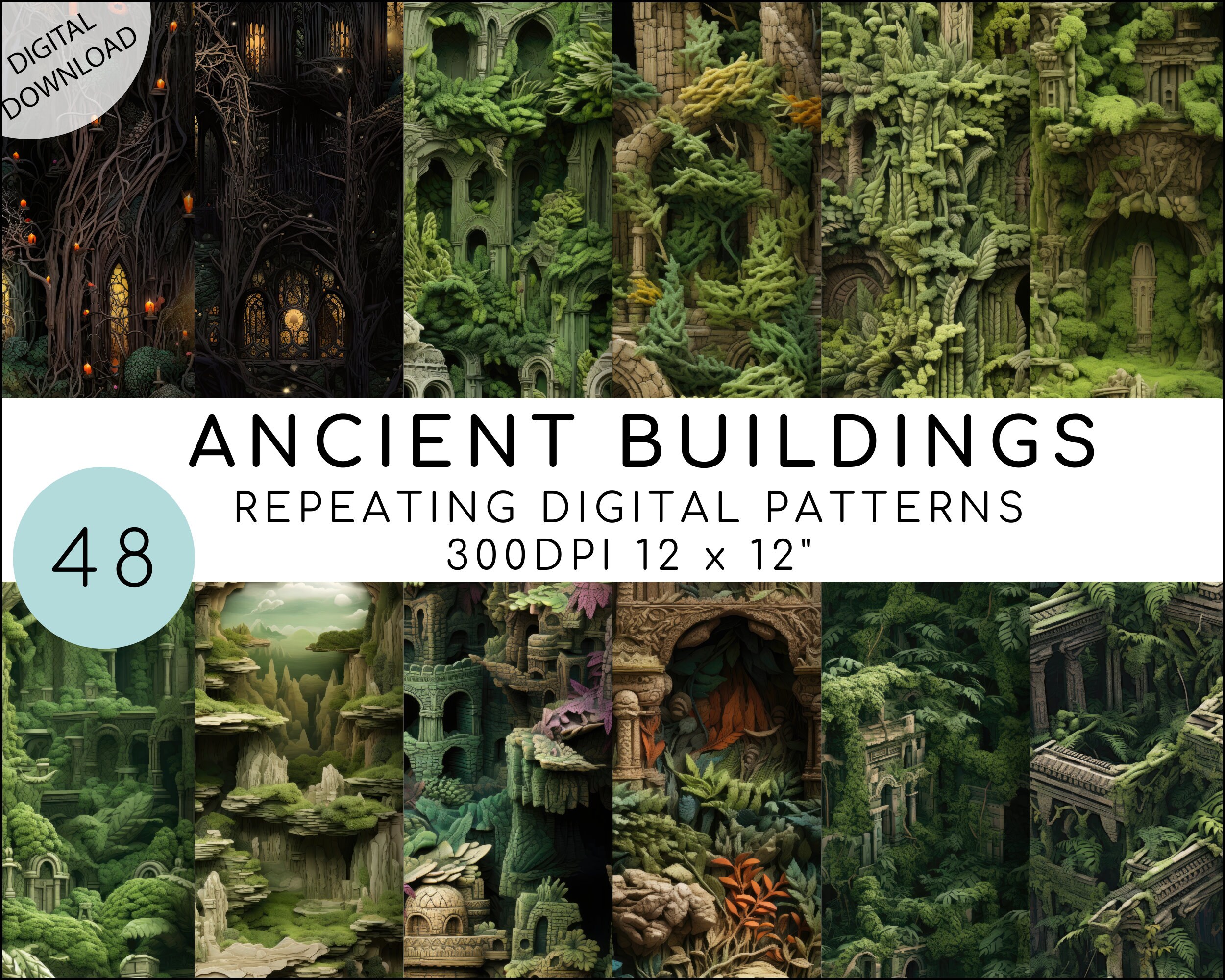 48 Ancient Buildings Seamless Pattern Bundle, Landscape Digital Paper ...