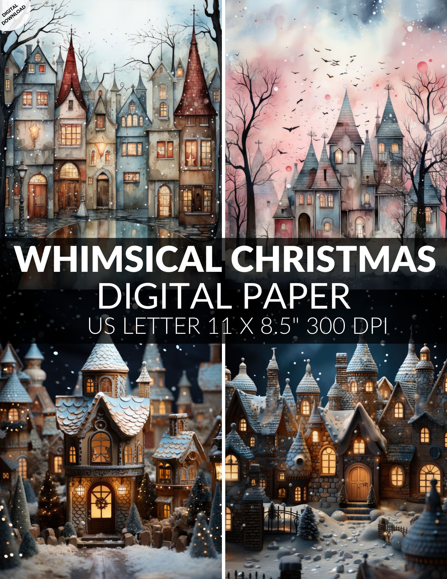 20 Printable Watercolor Houses Christmas Landscapes Scenes, Junk ...
