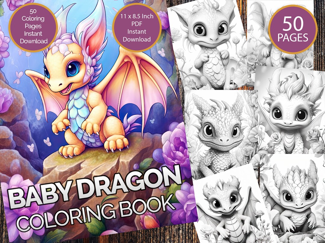 50 Page Baby Dragon Coloring Book, Adults Kids Coloring Page Book, Cute ...