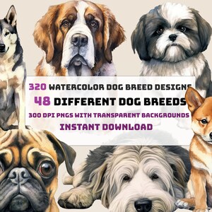 320 Watercolor Dog Clipart, 48 Dog Breed PNG Bundle, Dog Bundle Puppy ...