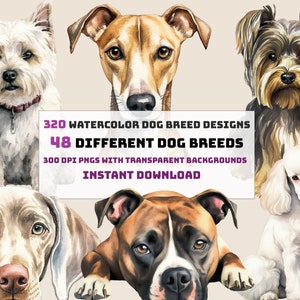 320 Watercolor Dog Clipart, 48 Dog Breed PNG Bundle, Dog Bundle Puppy ...