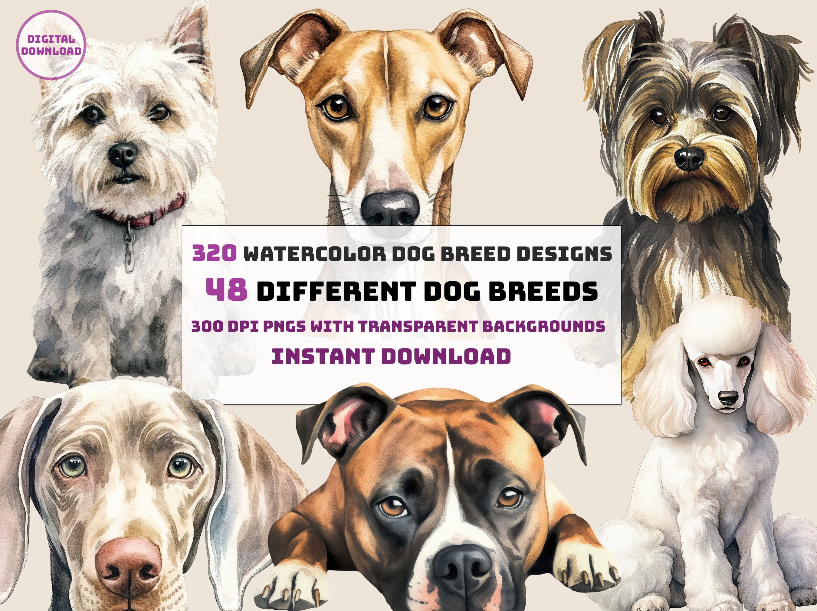 320 Watercolor Dog Clipart 48 Dog Breed PNG Bundle Dog - Etsy