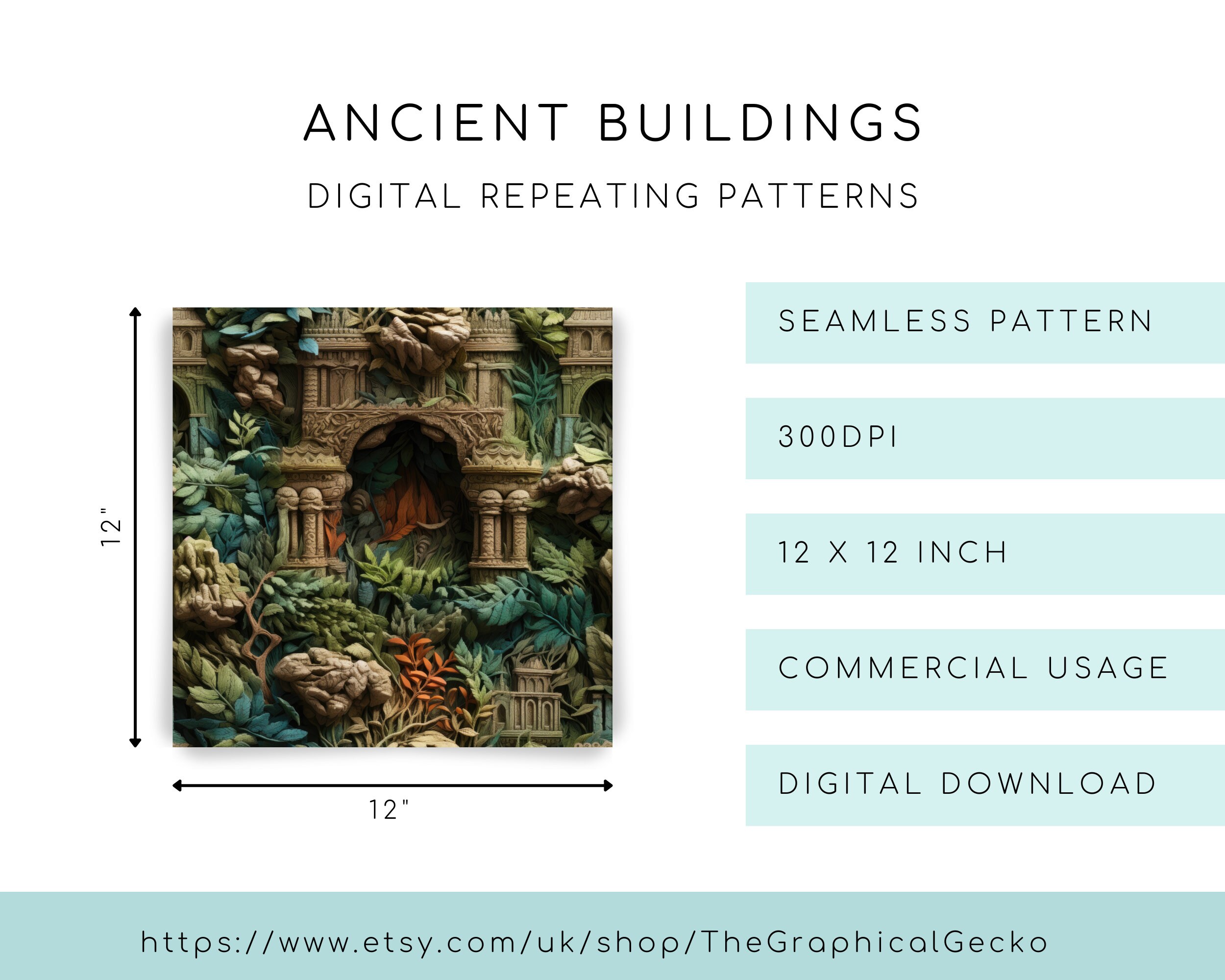 48 Ancient Buildings Seamless Pattern Bundle, Landscape Digital Paper ...