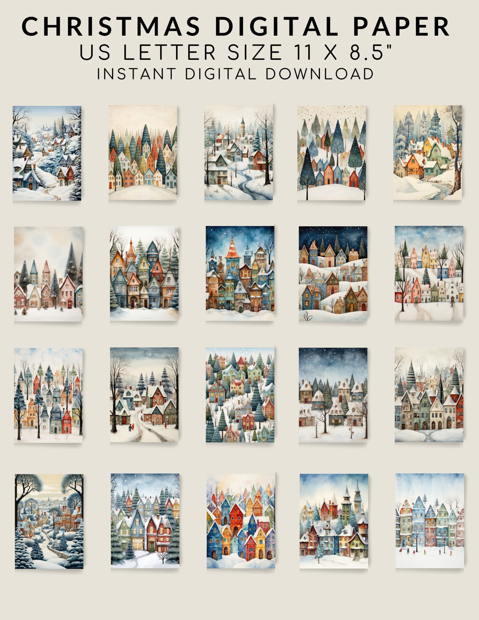 20 Printable Watercolor Houses Christmas Scenes Landscapes , Junk ...