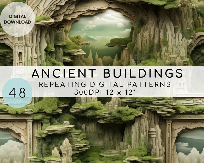 48 Ancient Buildings Seamless Pattern Bundle, Landscape Digital Paper ...