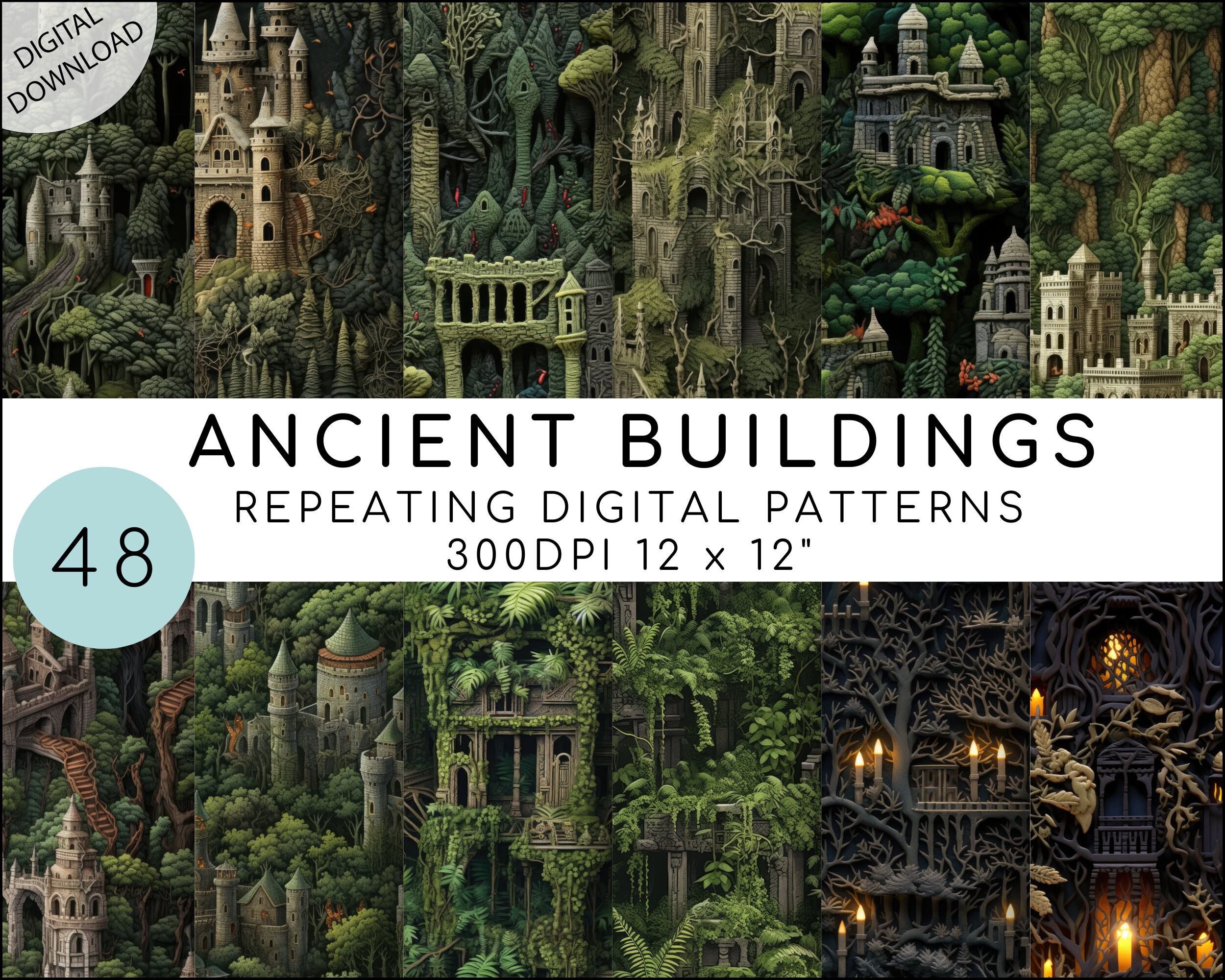 48 Ancient Buildings Seamless Pattern Bundle, Landscape Digital Paper ...