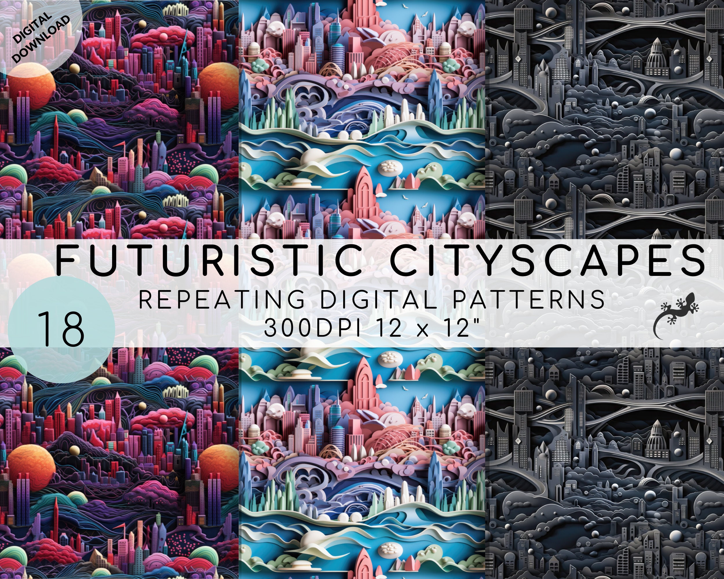 18 Futuristic Cities Seamless Pattern Bundle, Sci-fi Digital Paper ...