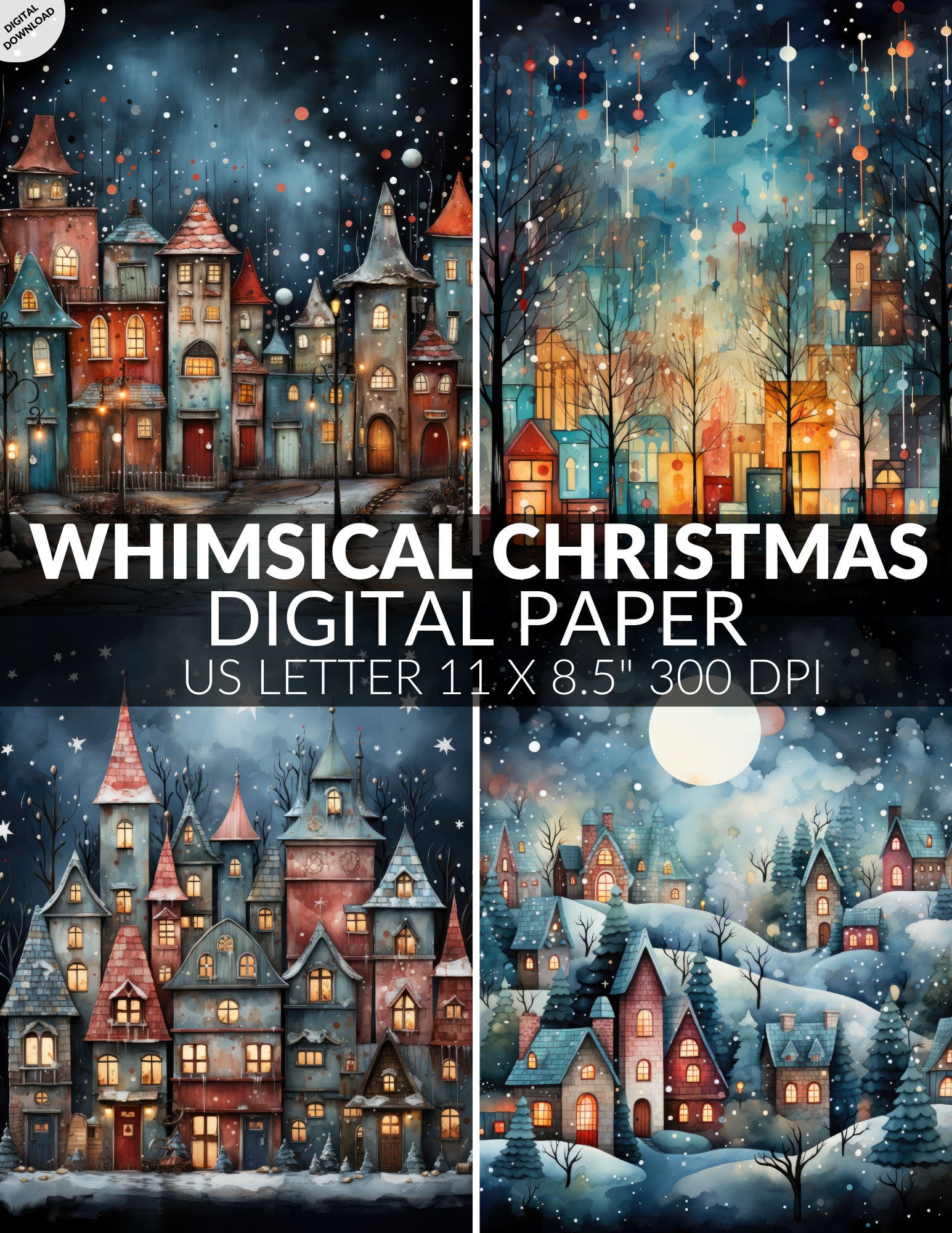 20 Printable Watercolor Houses Christmas Landscapes Scenes, Junk ...