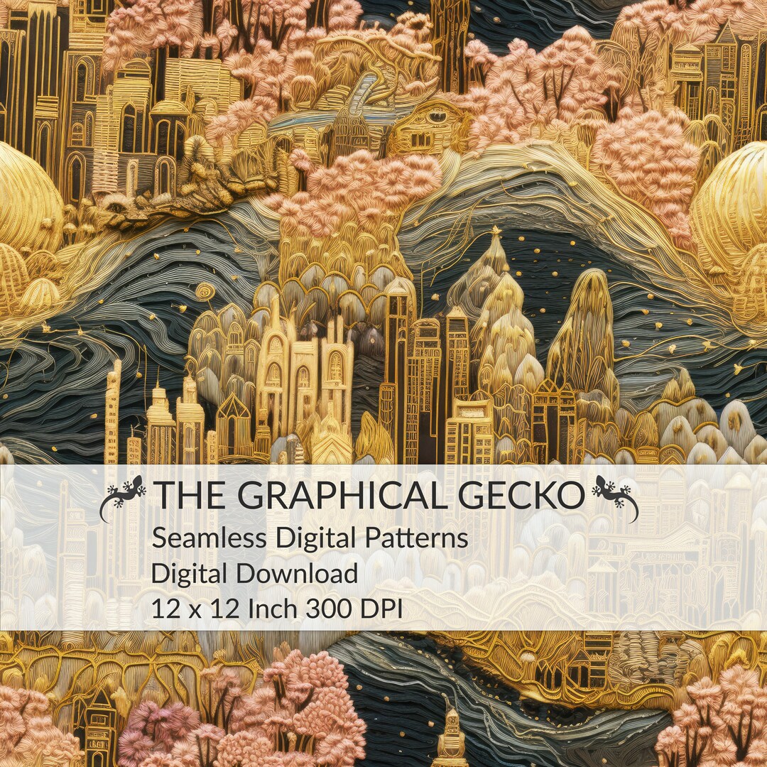 Embroidery Seamless Digital Pattern, Golden City Repeatable Pattern ...