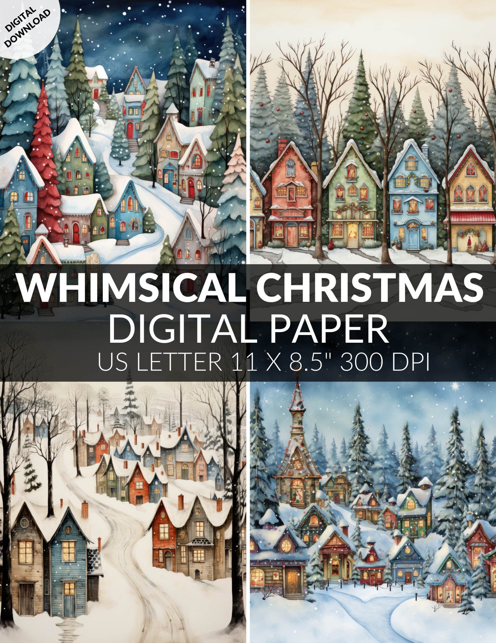 20 Printable Watercolor Christmas Houses Landscapes Scenes, Digital ...