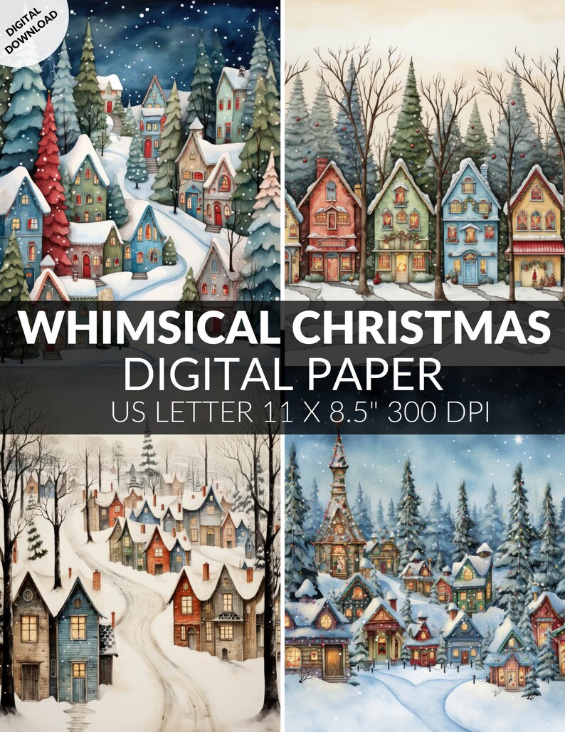 20 Printable Watercolor Christmas Houses Landscapes Scenes, Digital ...