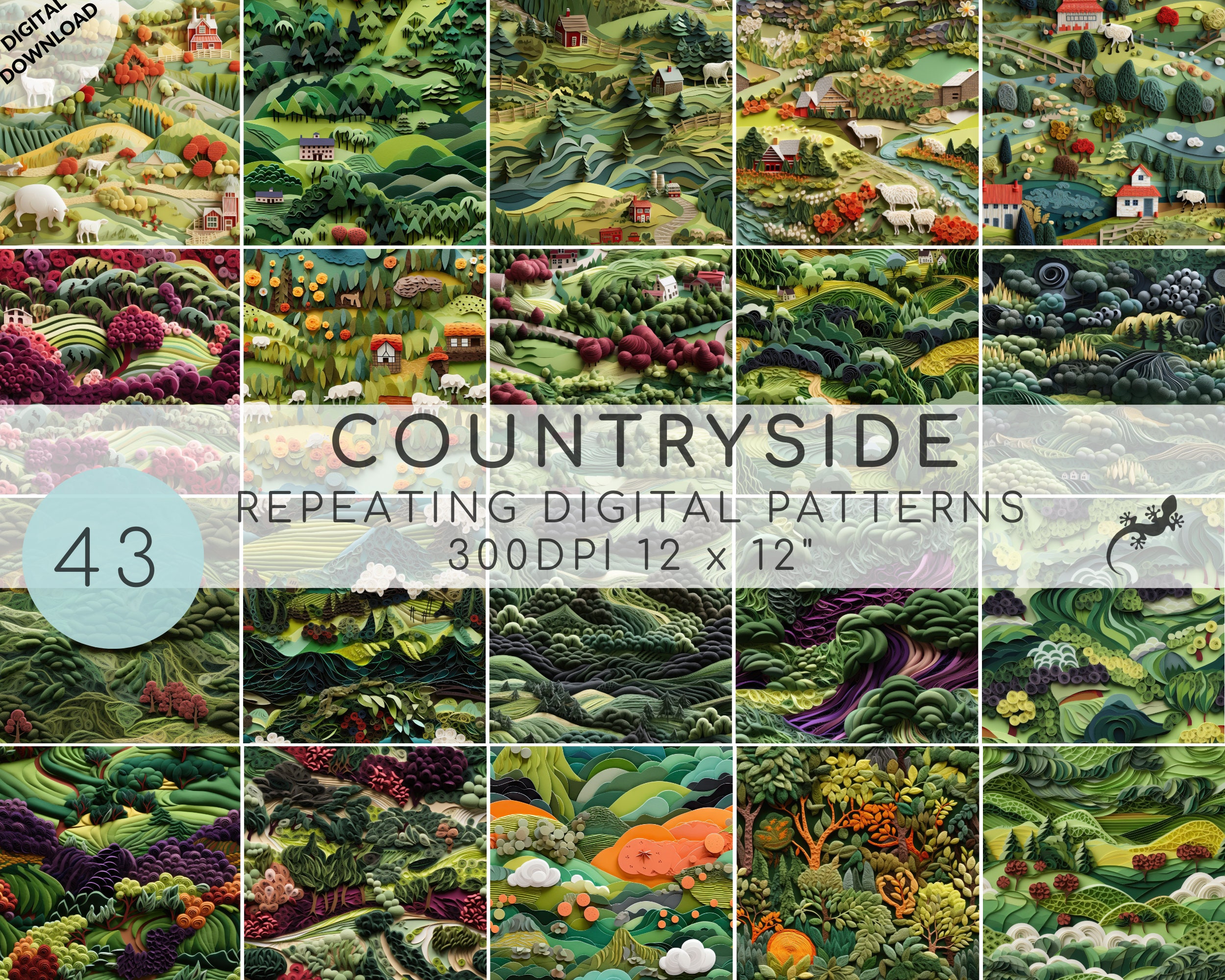 43 Countryside Landscape Seamless Pattern Bundle, Farm Digital Paper ...