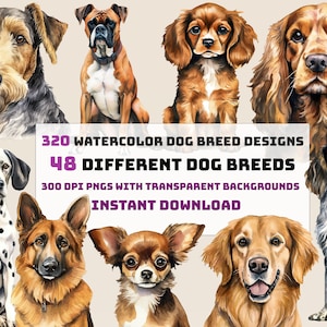 320 Watercolor Dog Clipart, 48 Dog Breed PNG Bundle, Dog Bundle Puppy ...