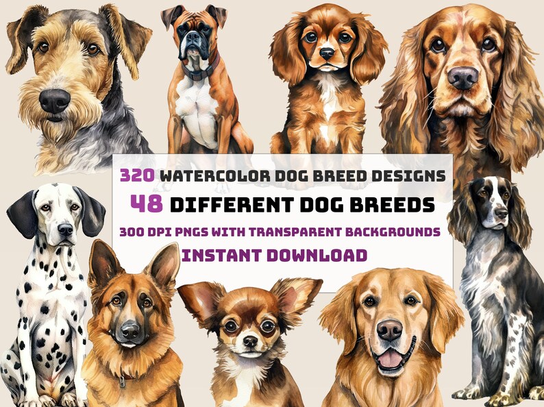 320 Watercolor Dog Clipart, 48 Dog Breed PNG Bundle, Dog Bundle Puppy ...