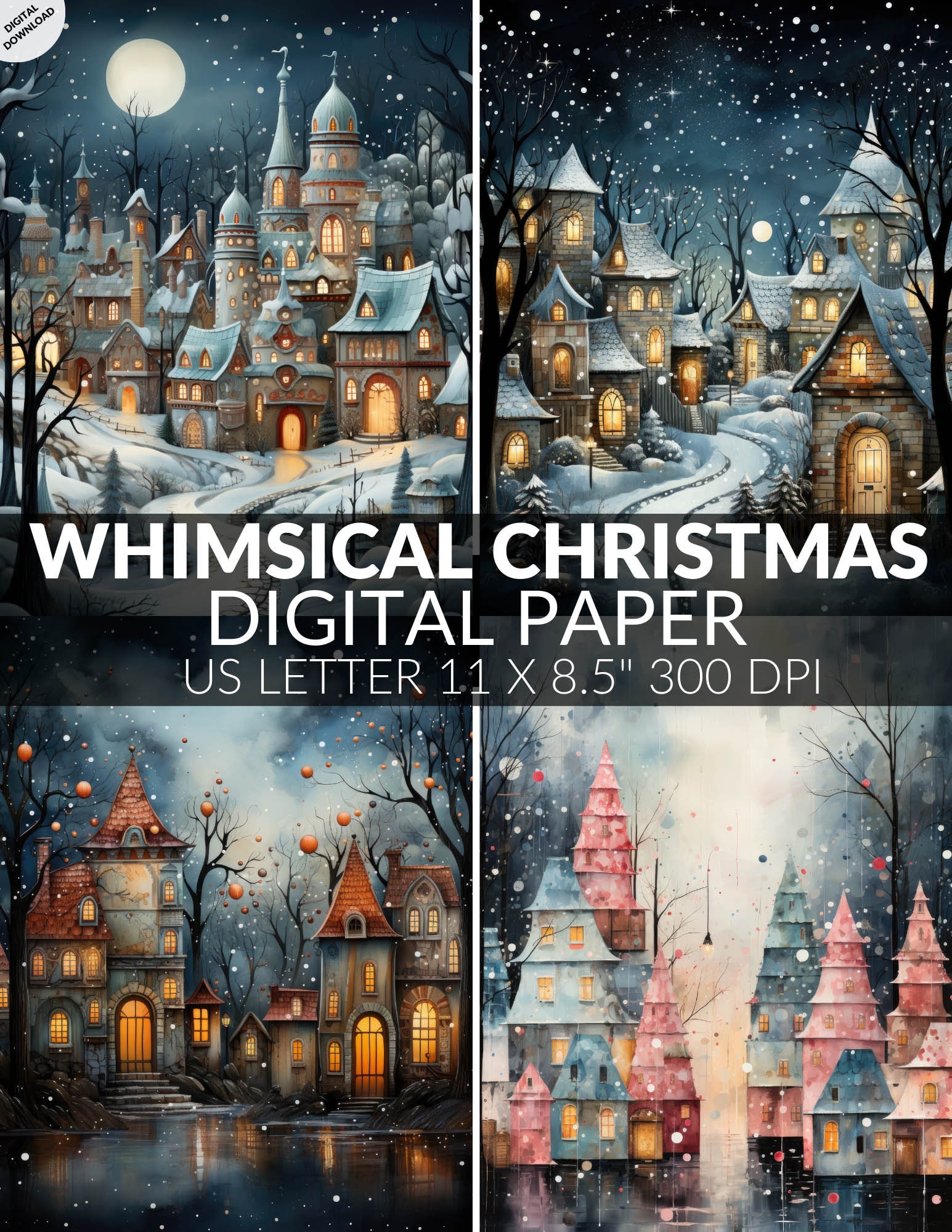 20 Printable Watercolor Christmas Houses Landscapes Scenes, Digital ...