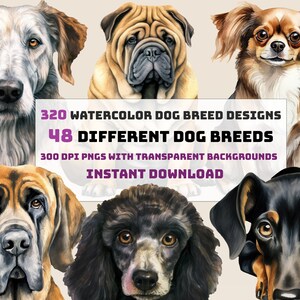 320 Watercolor Dog Clipart, 48 Dog Breed PNG Bundle, Dog Bundle Puppy ...