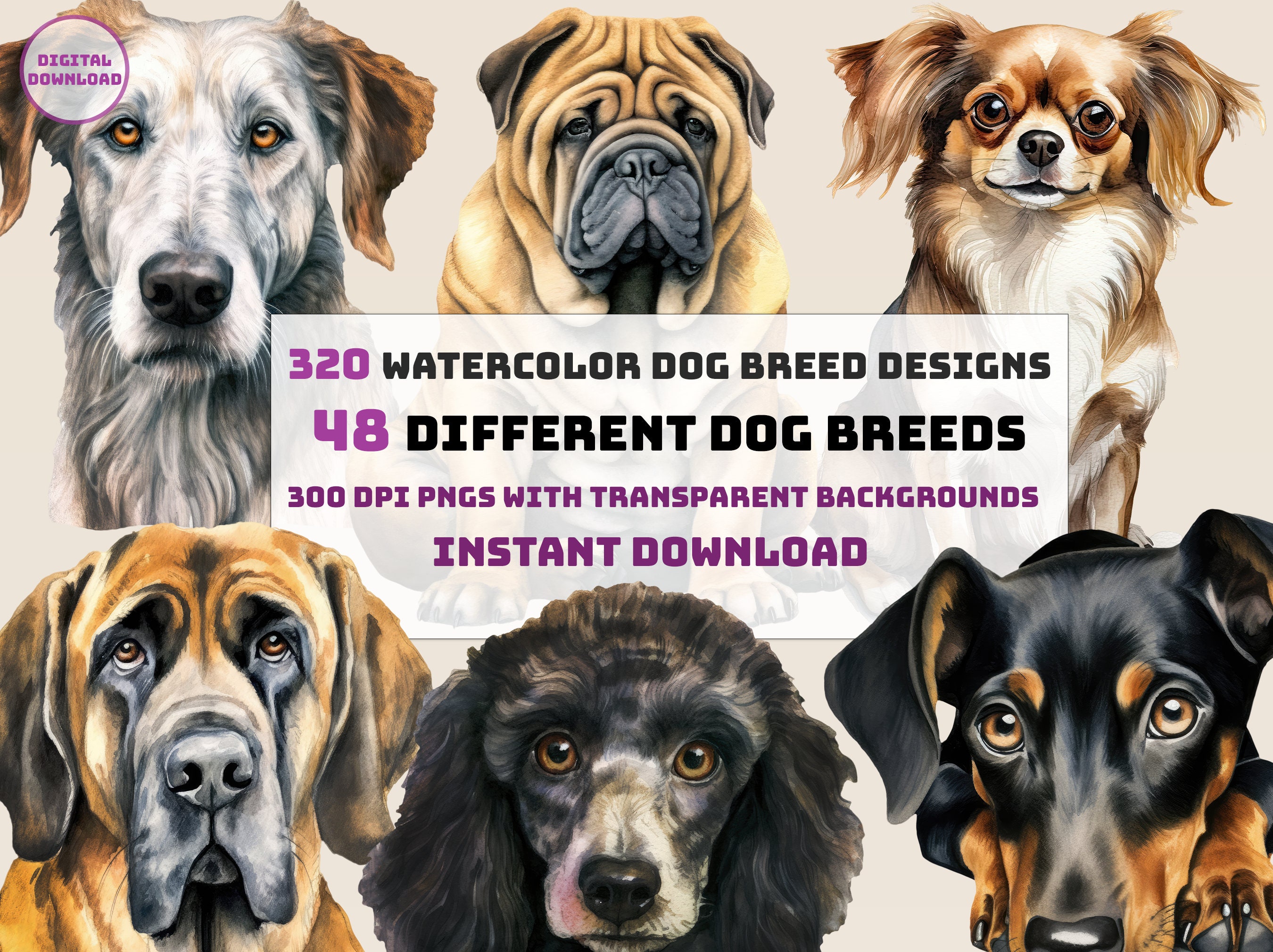 320 Watercolor Dog Clipart 48 Dog Breed PNG Bundle Dog - Etsy