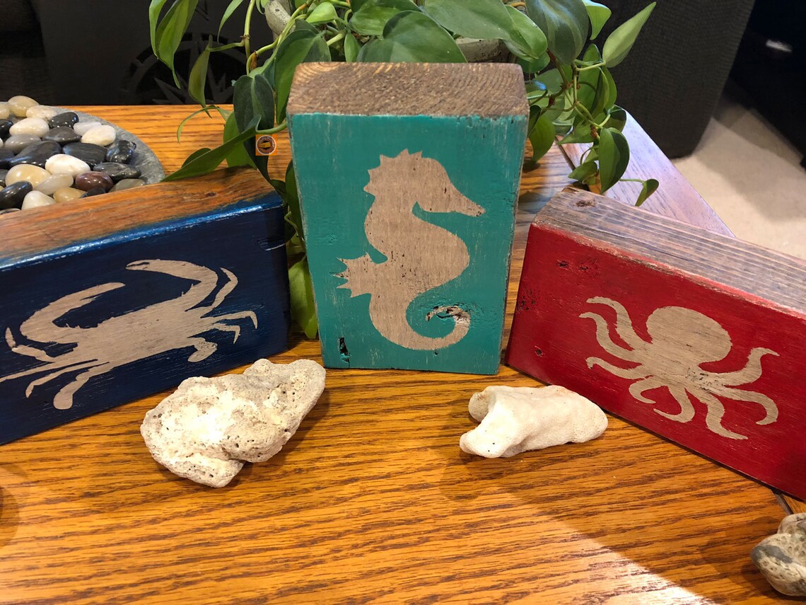 Coastal Wooden Blocks / Handmade / Hand Painted / Nautical | Etsy