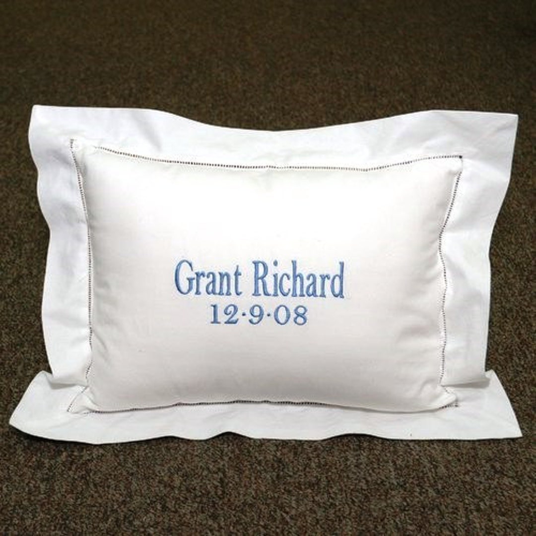 White Linen/poly Blend Hemstitch Pillow With Name & Date / Personalized ...