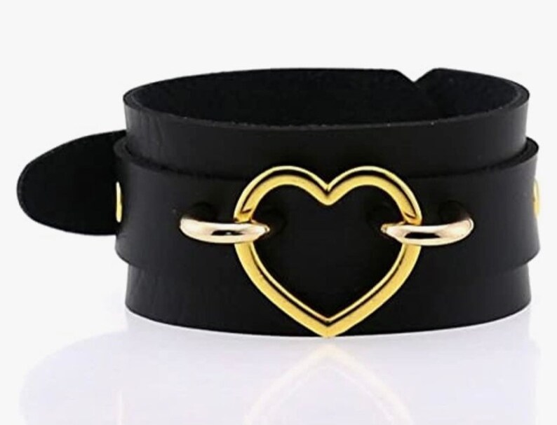 Thick Heart Collar Cuffs and Leash Combo Black With Gold or - Etsy