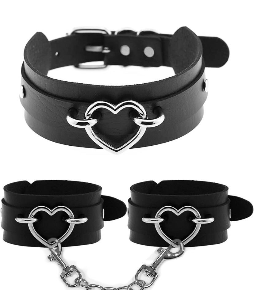 Thick Heart Collar Cuffs and Leash Combo Black With Gold or - Etsy