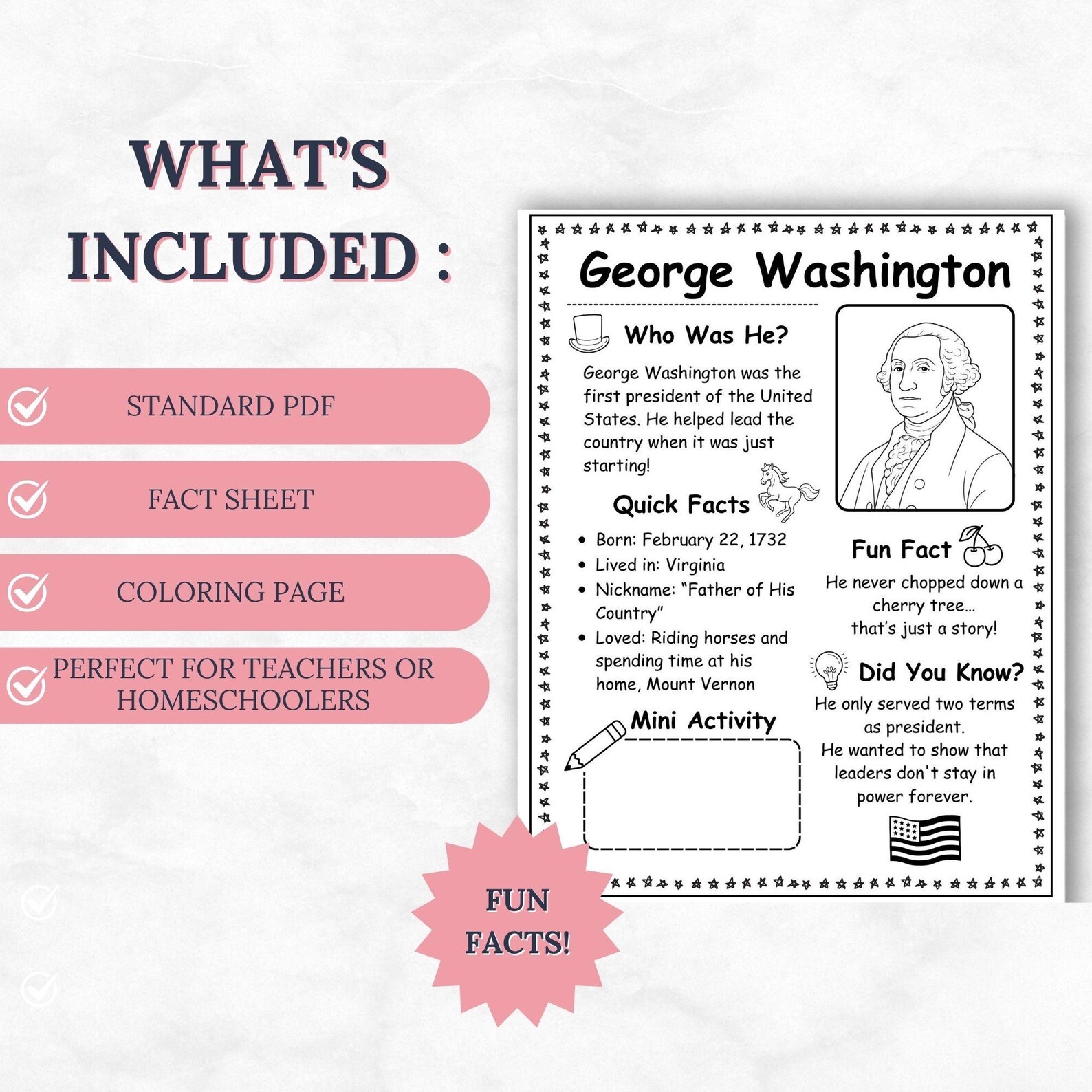 George Washington Fact Sheet: U.S. Presidents History Worksheet (PDF ...