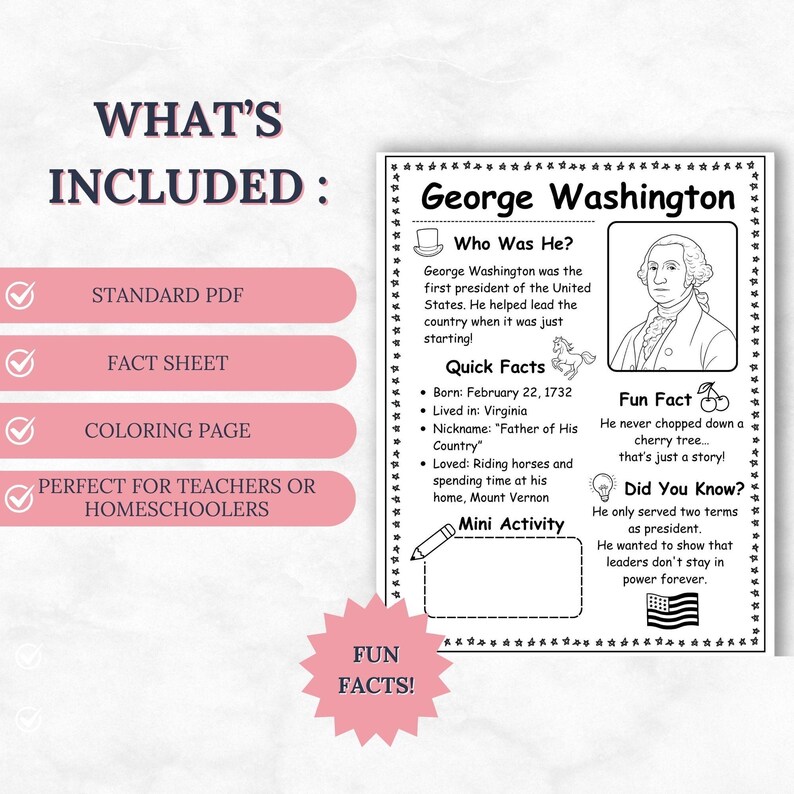 George Washington Fact Sheet: U.S. Presidents History Worksheet (PDF ...