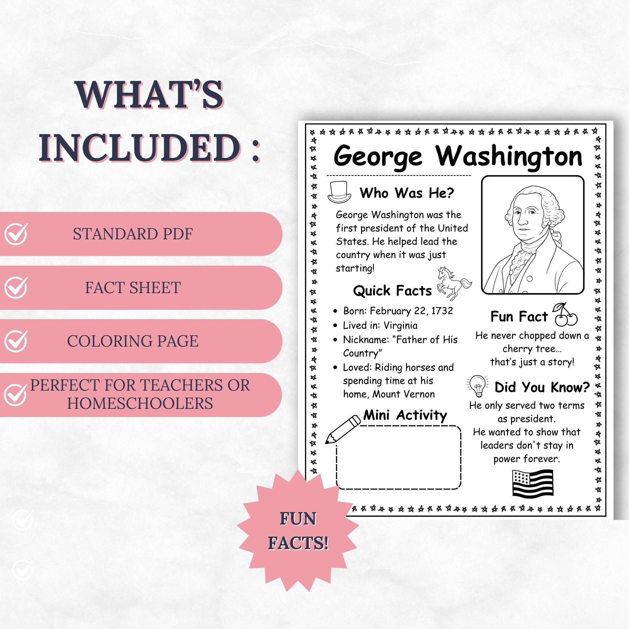 George Washington Fact Sheet: U.S. Presidents History Worksheet (PDF ...