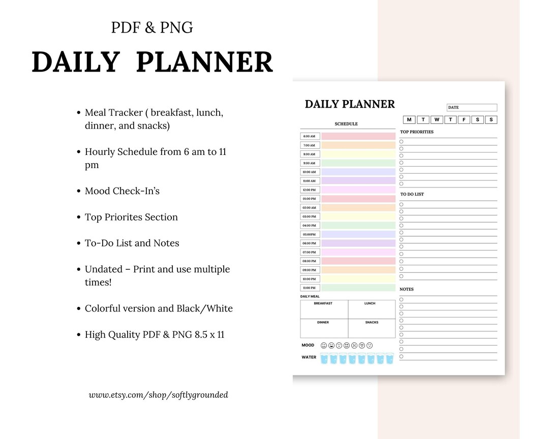 Colorful Daily Planner Printable: Time-blocked Schedule, Meal & Water ...