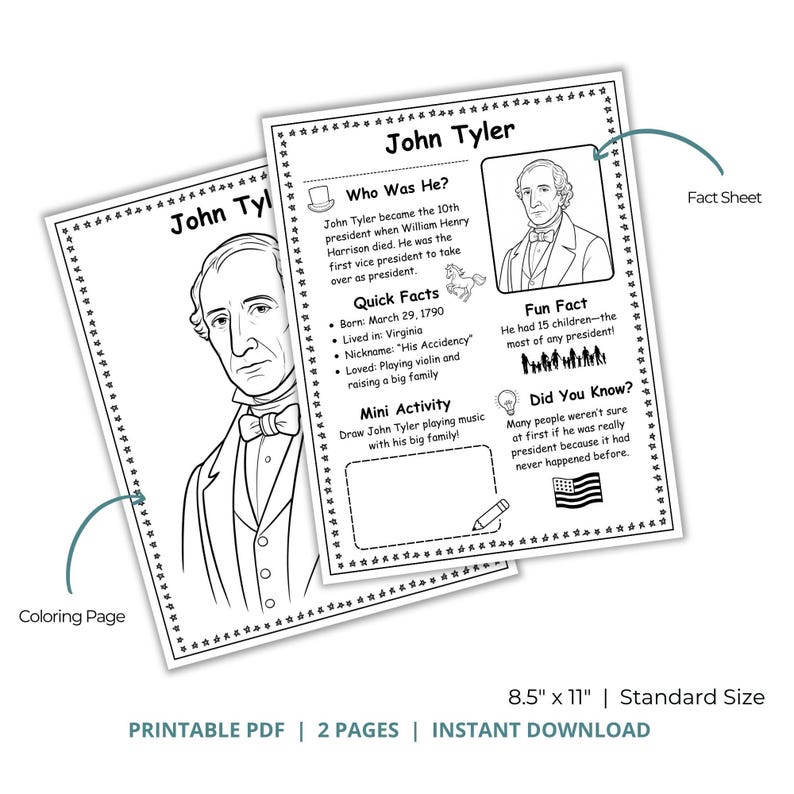 John Tyler Coloring Page + Fact Sheet | 10th President | U.S ...