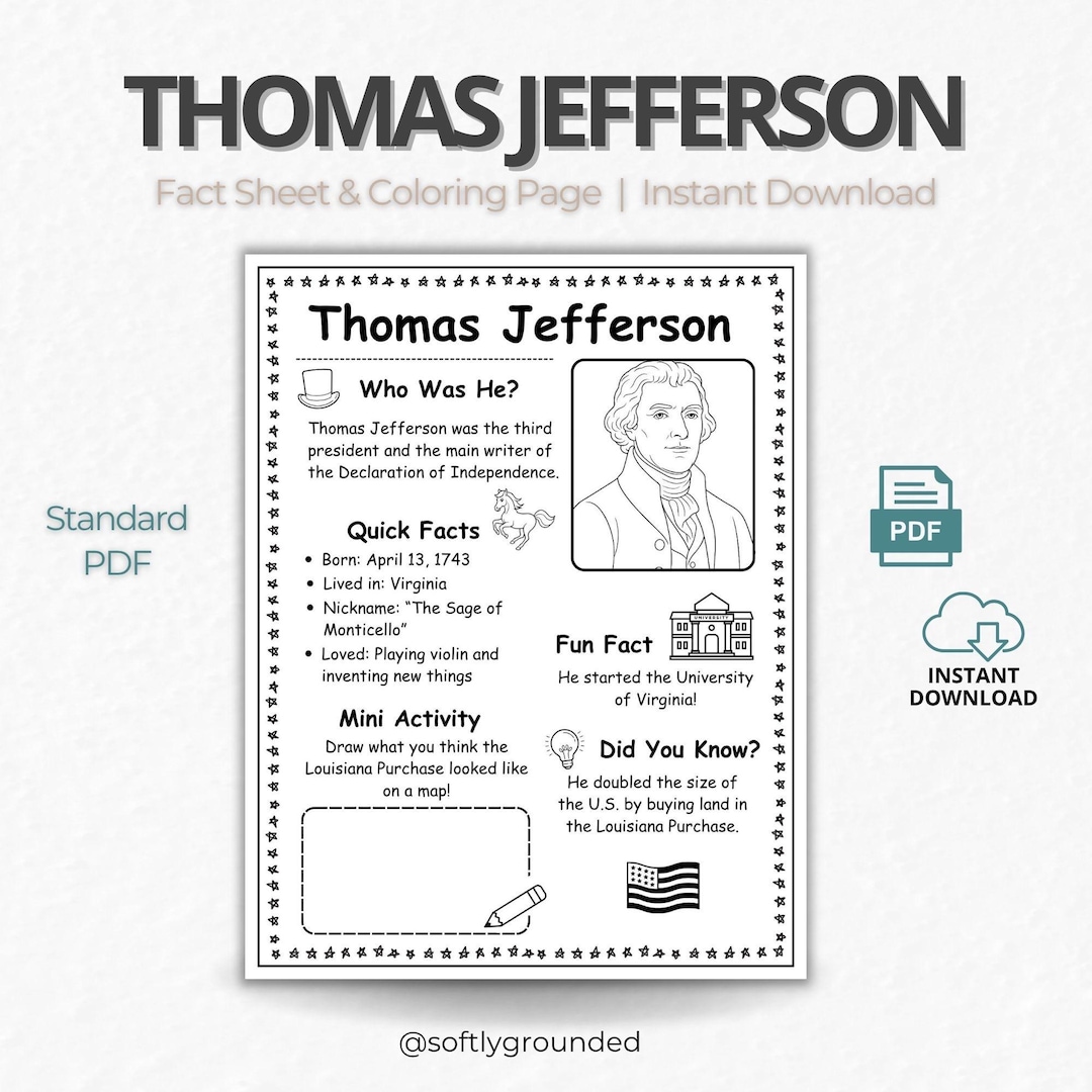 Thomas Jefferson Fact Sheet: U.S. Presidents History Worksheet (PDF ...